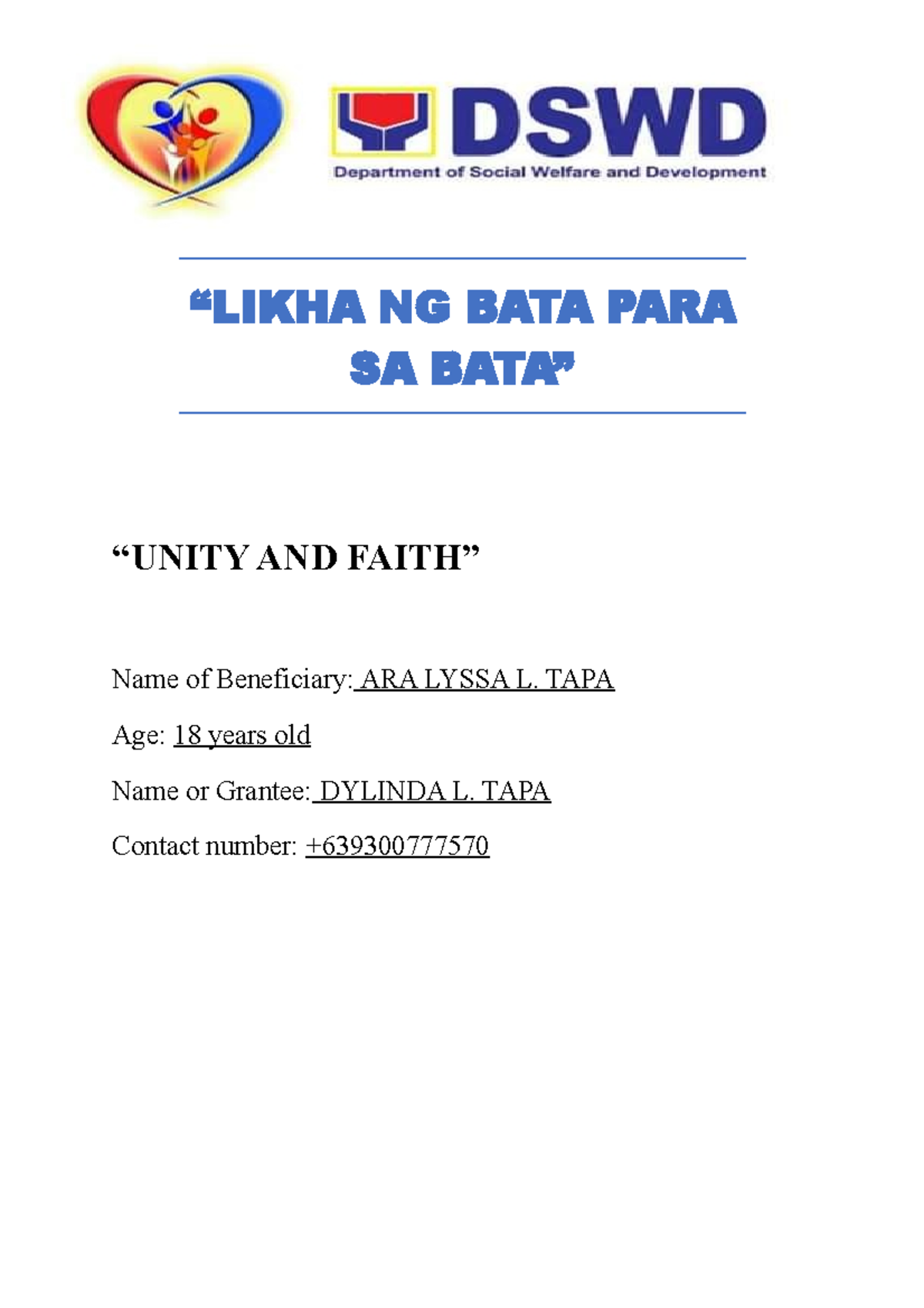 Unity and Faith poem by Ara - “LIKHA NG BATA PARA SA BATA” “UNITY AND ...
