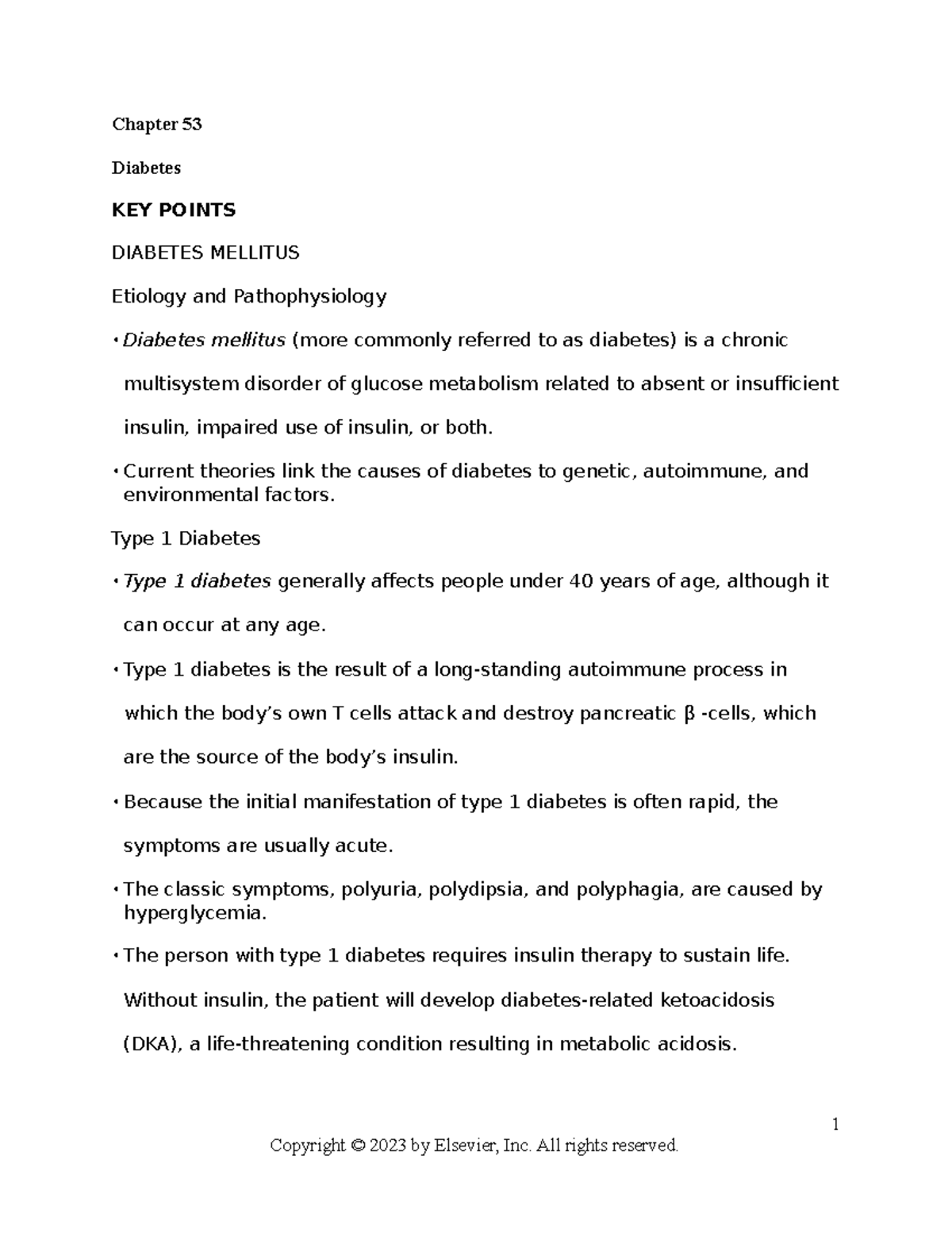 lecture notes 3.6 - Chapter 53 Diabetes KEY POINTS DIABETES MELLITUS ...