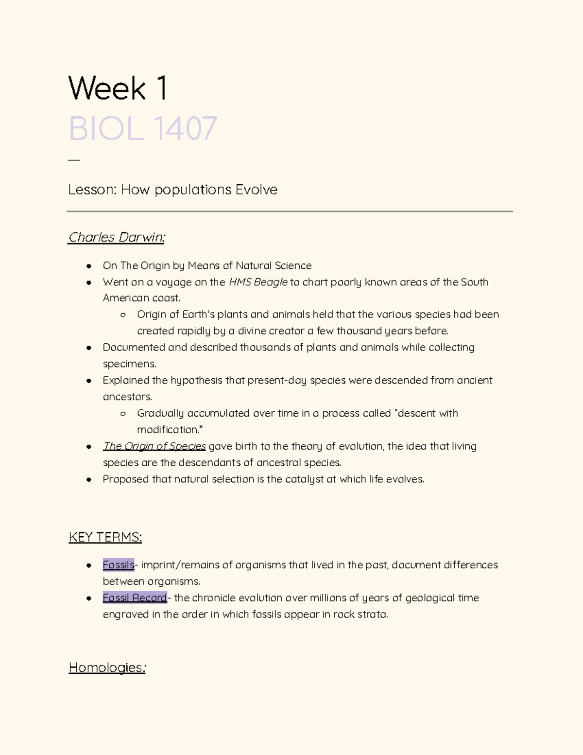 Week 1 How Population Evolve - Week 1 BIOL 1407 ___ Lesson: How ...