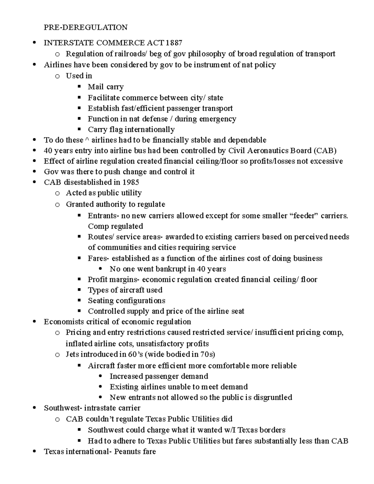 Deregulation Notes - PRE-DEREGULATION INTERSTATE COMMERCE ACT 1887 o ...