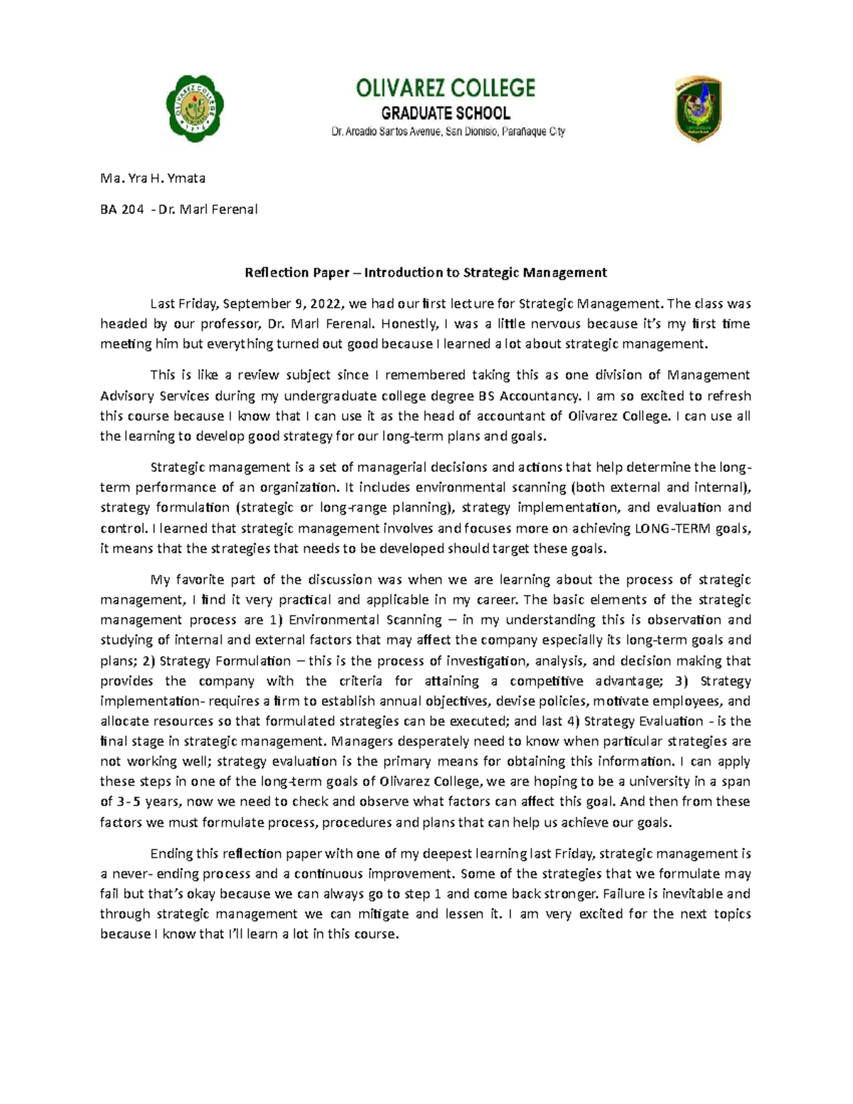 Ymata - Reflection Paper Introduction Strategic Management - Ma. Yra H ...