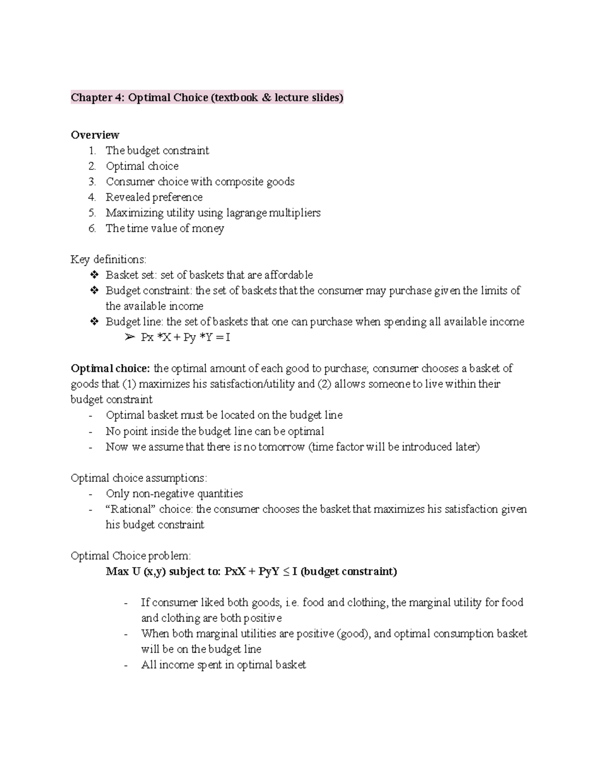 Econ 360 chapter 4 notes - Chapter 4: Optimal Choice (textbook ...