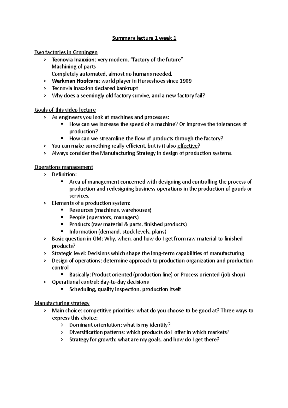 lectures week 1 en 2 - Summary lecture 1 week 1 Two factories in ...