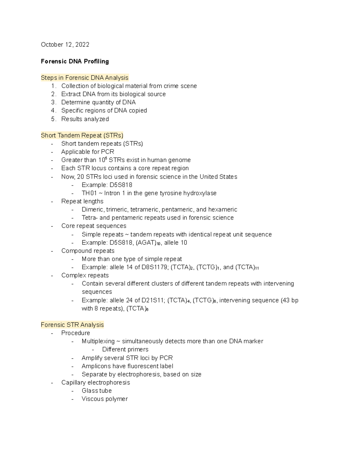 MMSC 220 (Day 07) - Lecture Notes - October 12, 2022 Forensic DNA ...