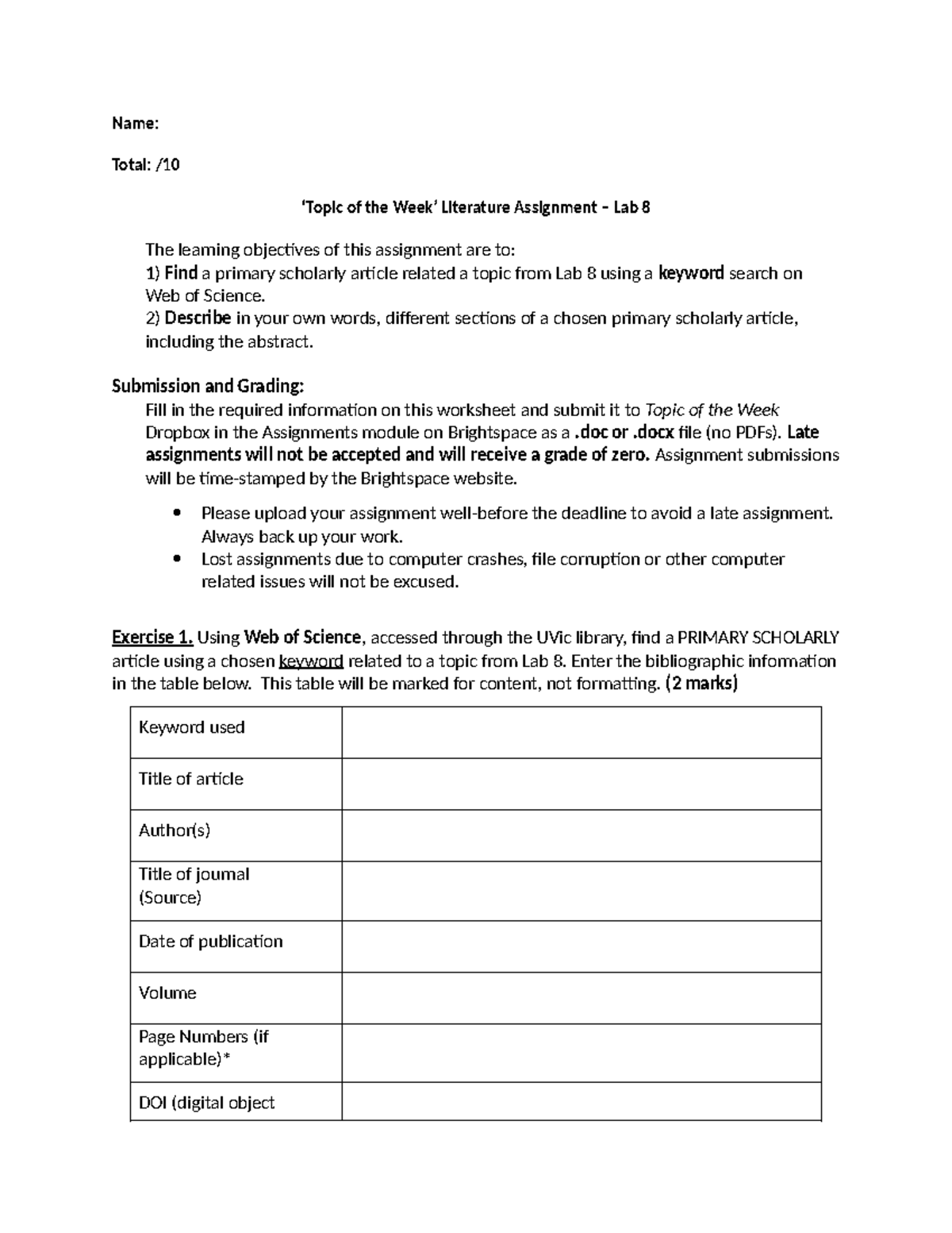 Topic of the Week Lab 8 2023 - Name: Total: / ‘Topic of the Week ...