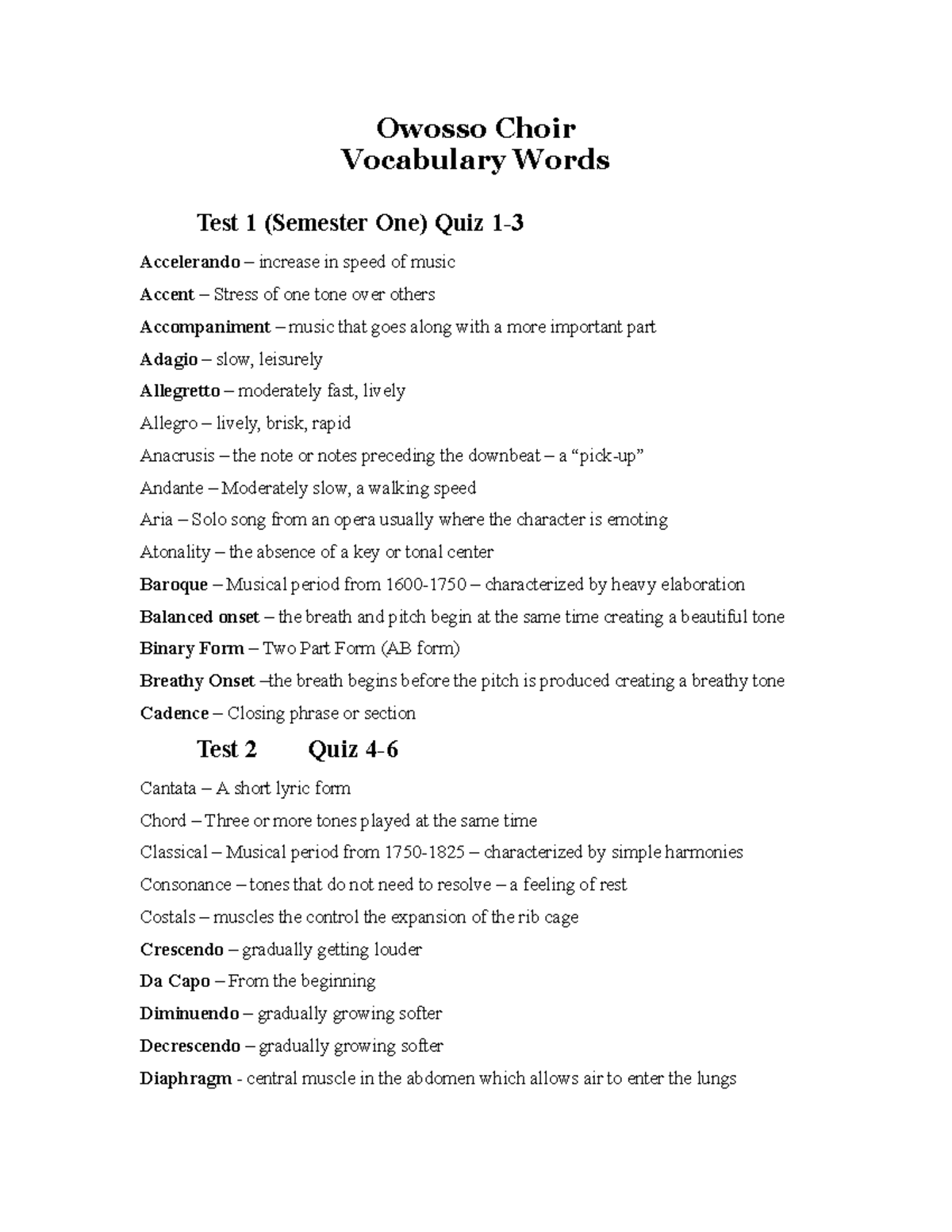Vocabulary words 2019-2020 - Owosso Choir Vocabulary Words Test 1 ...