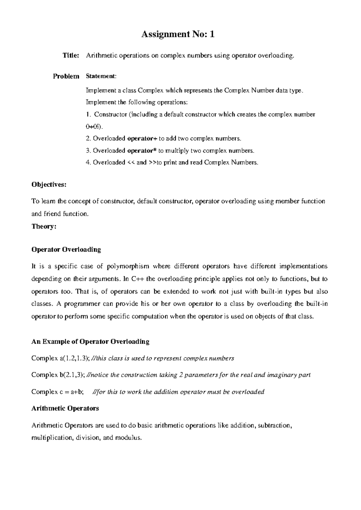 Lab Manual OOP - Assignment No: 1 Title: Arithmetic operations on complex numbers using operator ...