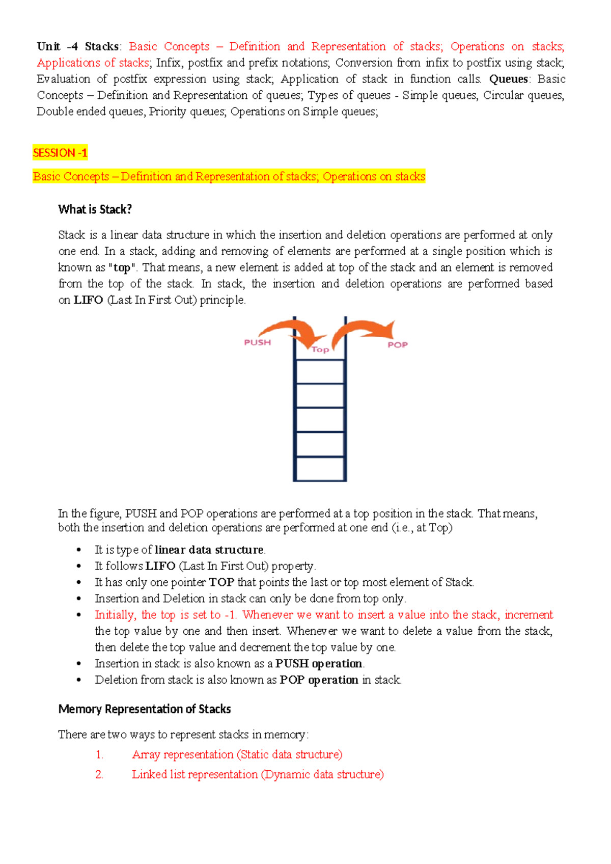 Data Structure Unit 4 Notes Unit 4 Stacks Basic Concepts Definition And Representation Of