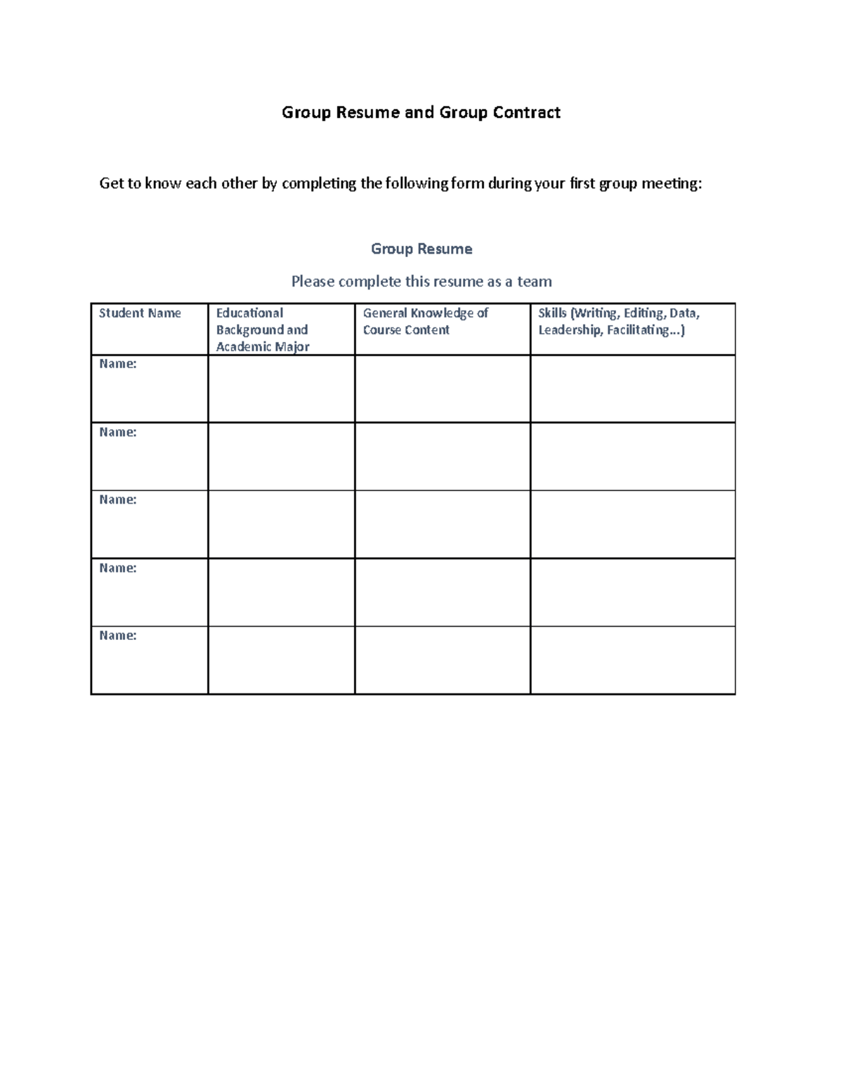 Group Resume and Group Contract Templates - Group Resume and Group ...