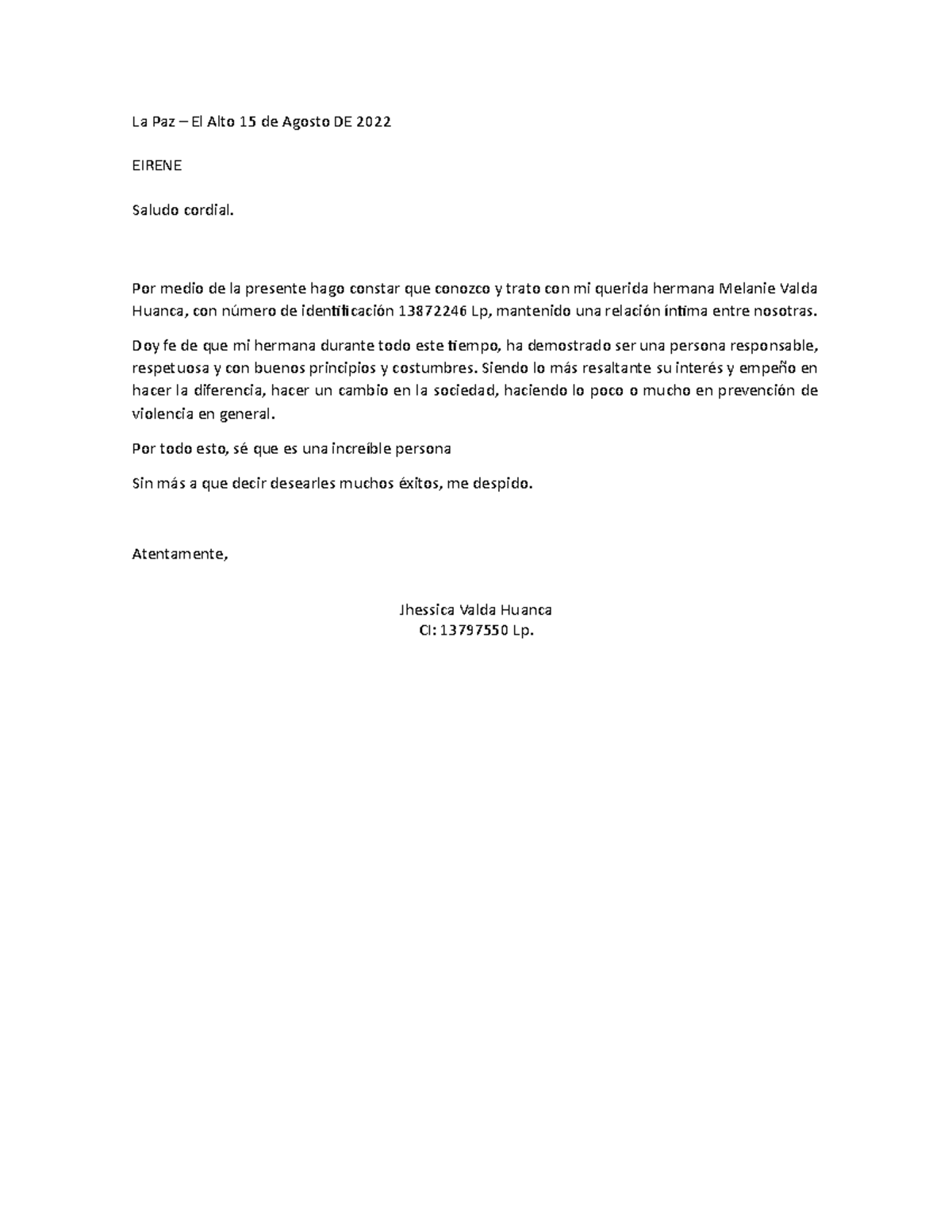 Carta - BUENISIMO - La Paz – El Alto 15 de Agosto DE 2022 EIRENE Saludo ...