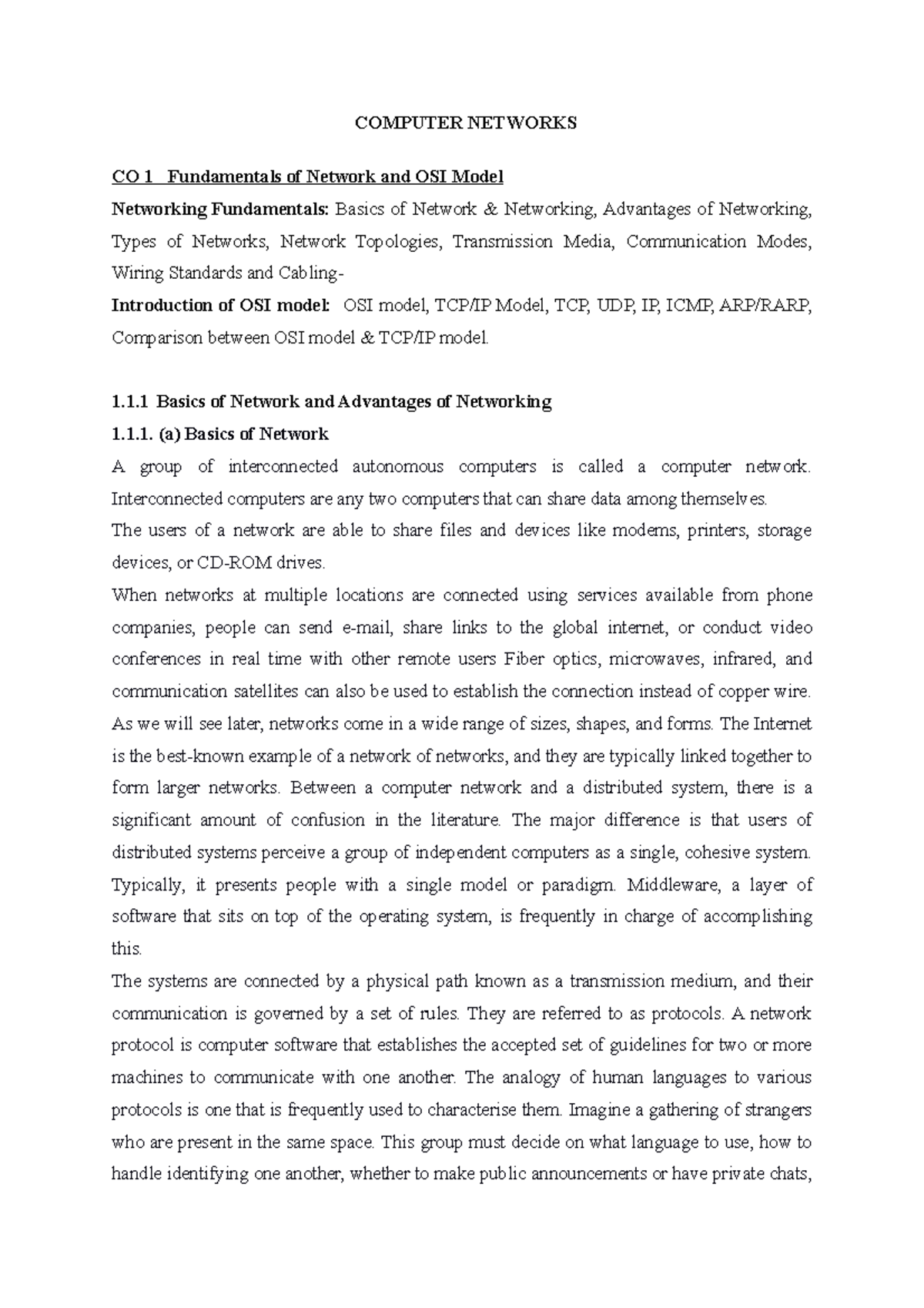 CN - CO-1 Notes - COMPUTER NETWORKS CO 1 Fundamentals of Network and ...