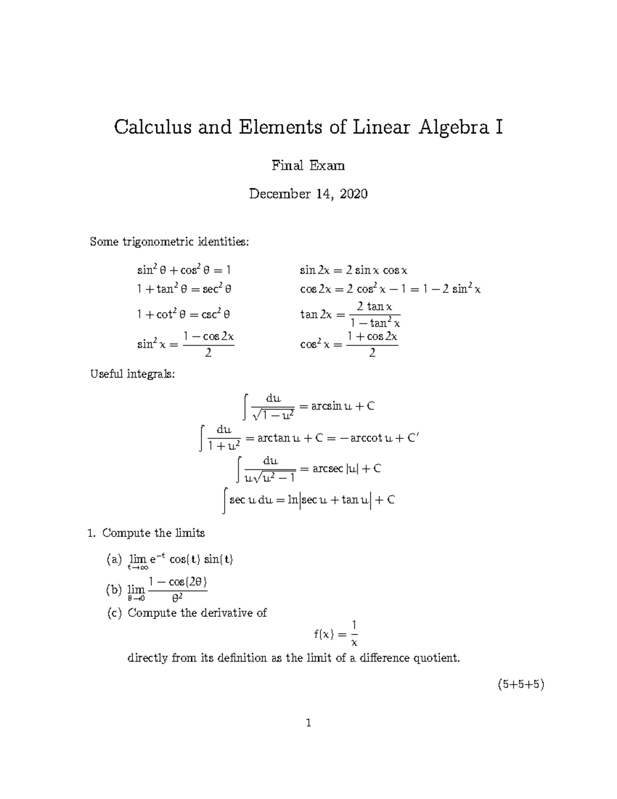 Final - Calculus and Elements of Linear Algebra I Final Exam December ...