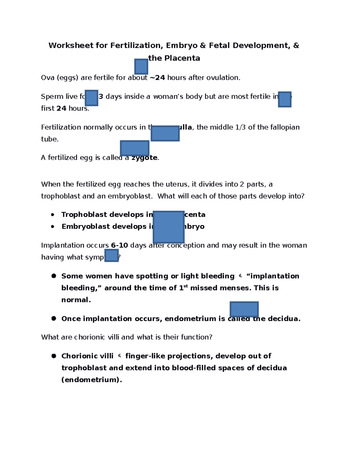 (2) Conception, Embryo & Placental Development Worksheet - Worksheet ...
