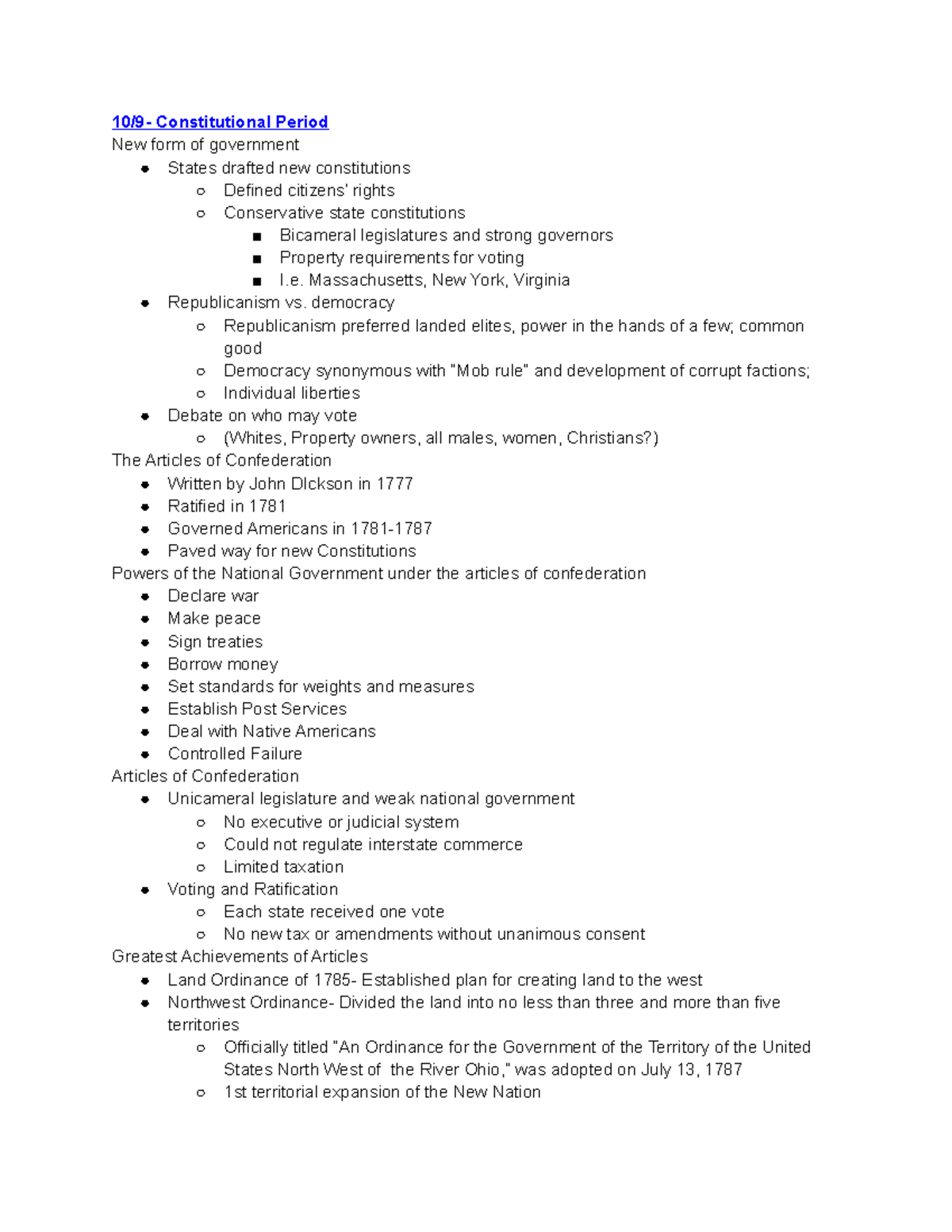 Apush Notes 3 - 10/9- Constitutional Period New form of government ...