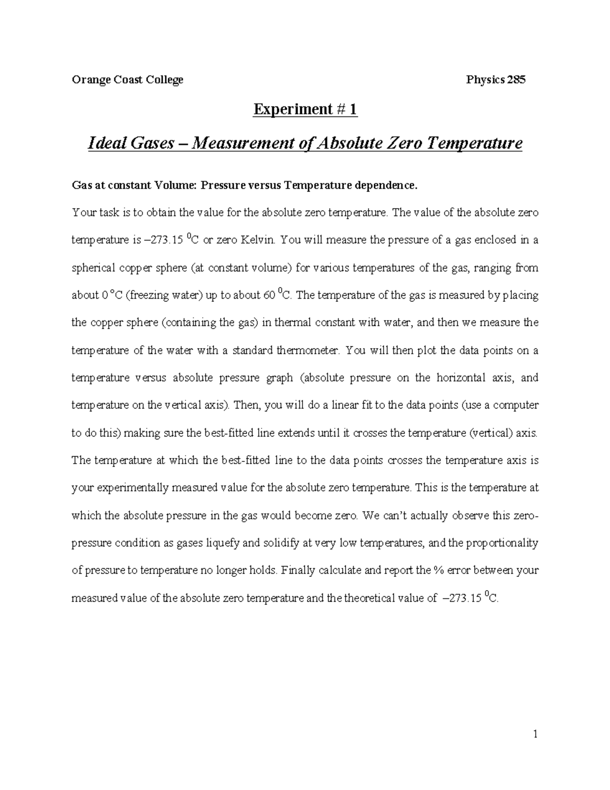 Lab 01 Absolute Zero Temperature - 1 Orange Coast College Physics 285 ...
