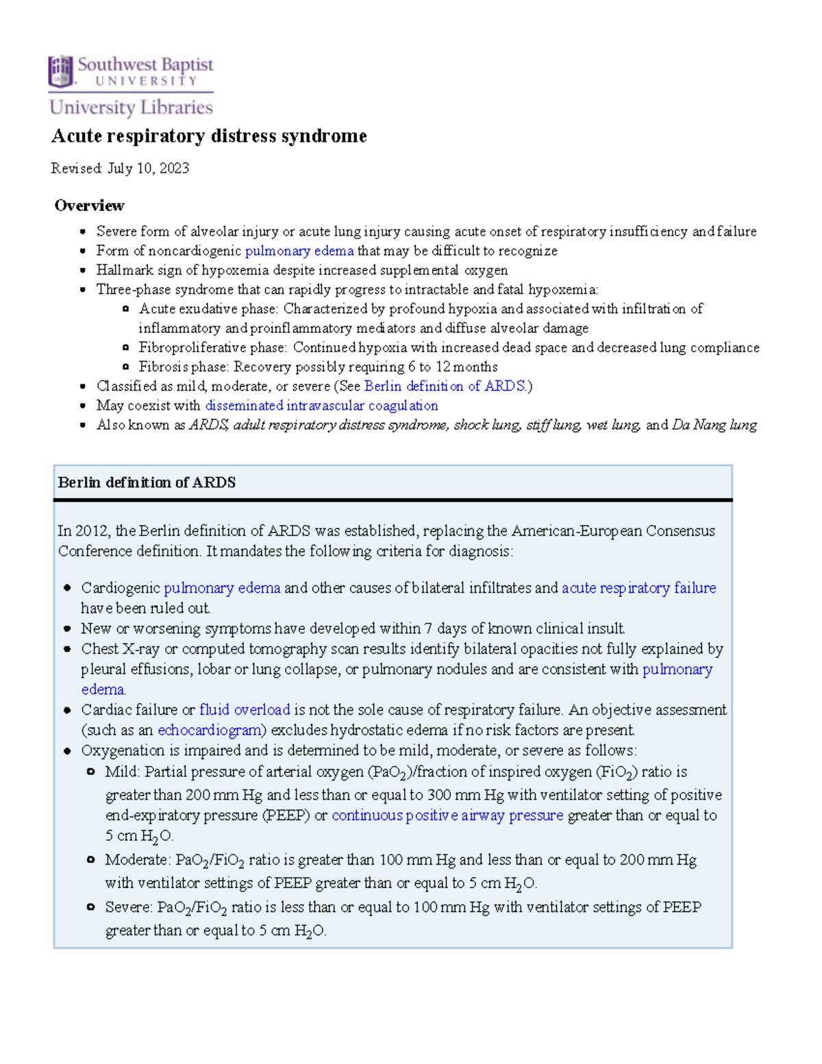ARDS - Notes - Acute respiratory distress syndrome Revised: July 10 ...
