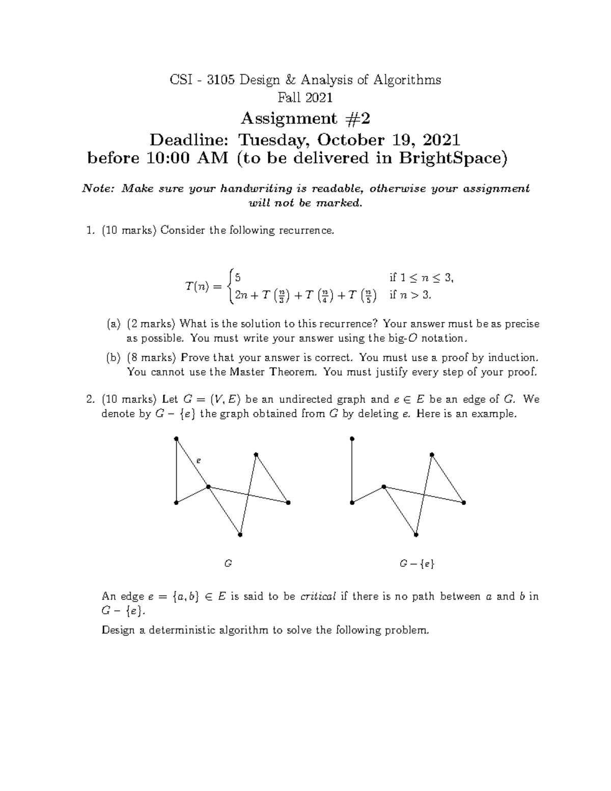 CSI2105 - Assignment 2 - Recurrence relations and Undirected graphs - CSI - 3105 Design & - Studocu