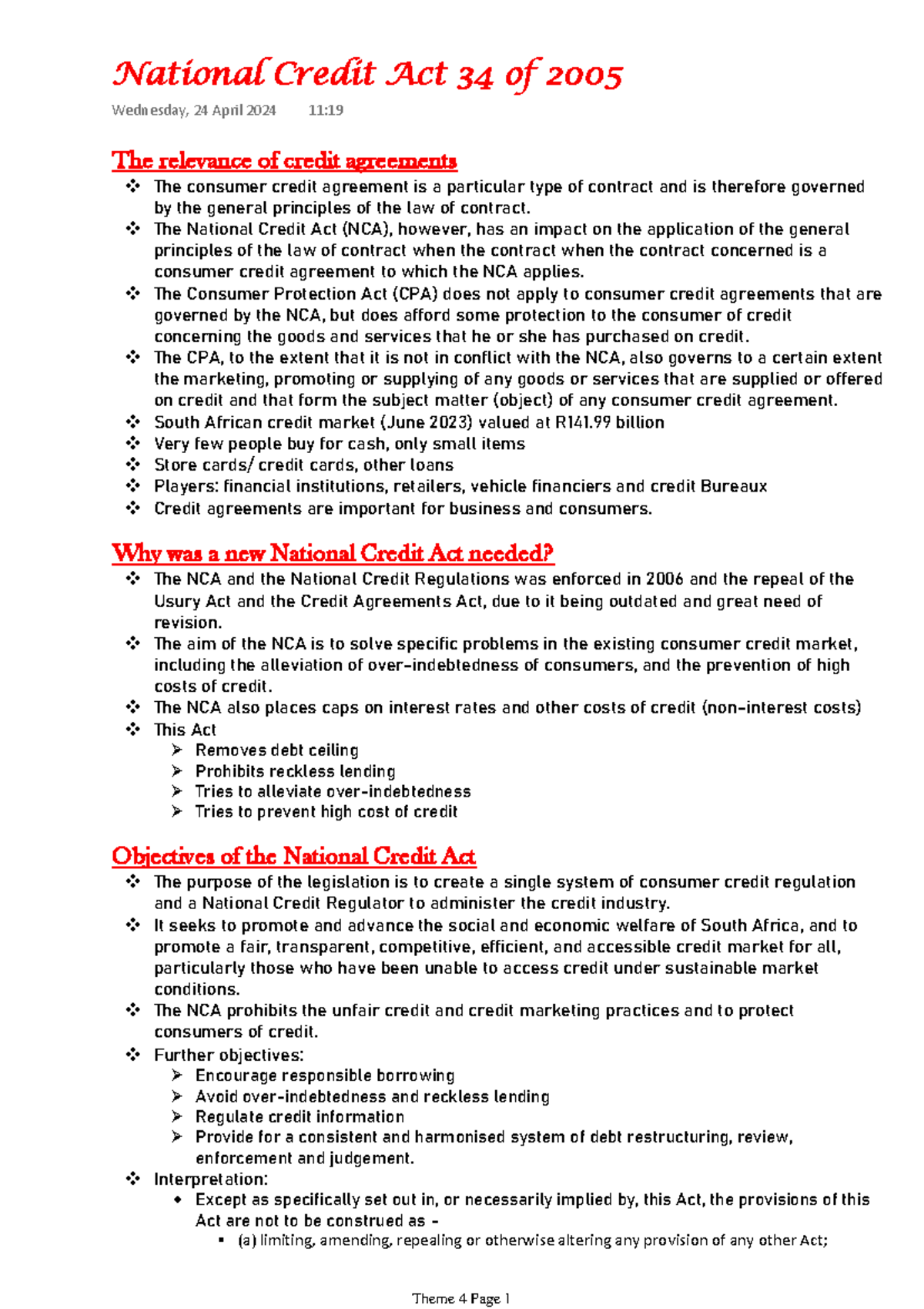 National Credit Act 34 of 2005 - The relevance of credit agreements The consumer credit ...