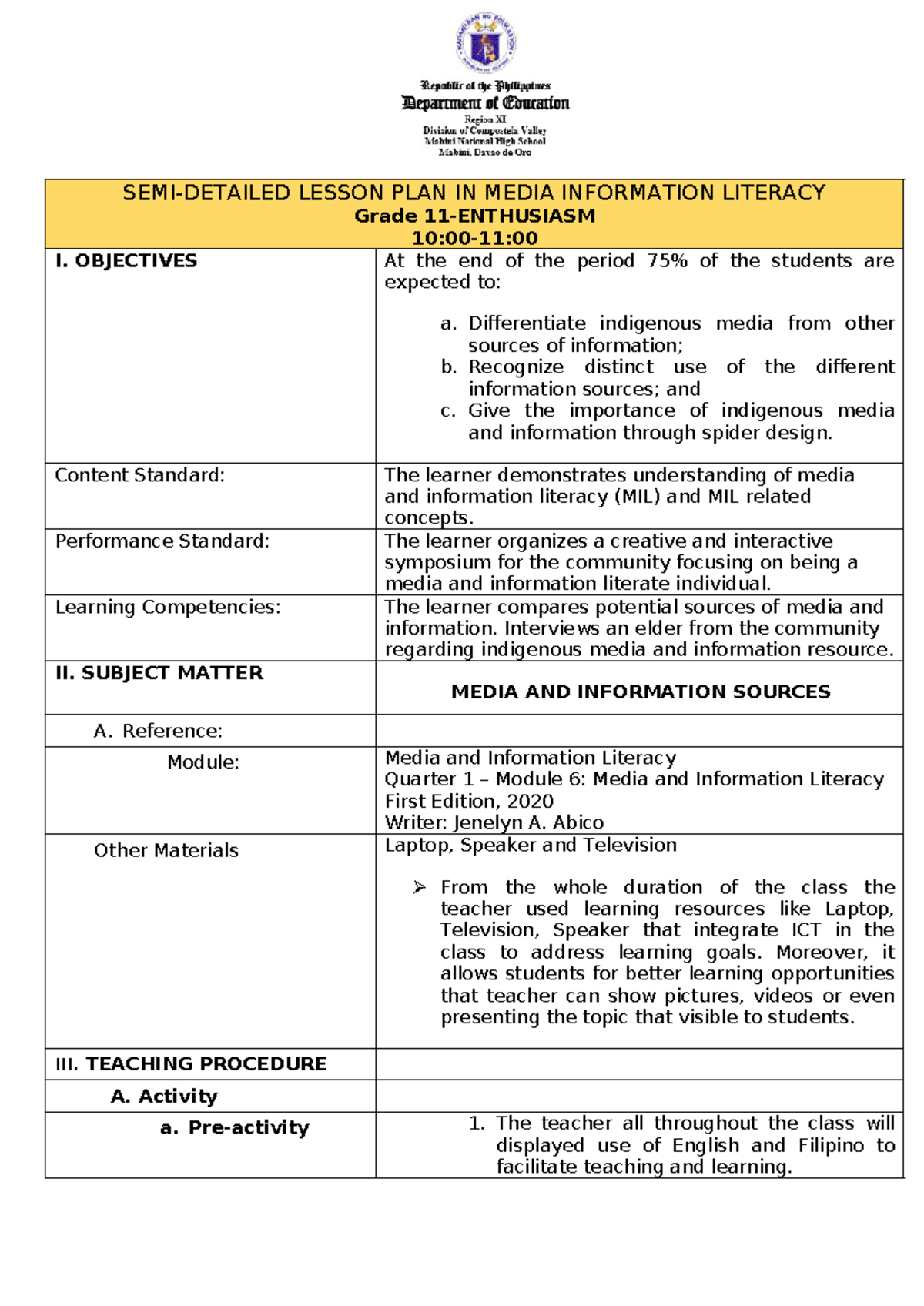Lesson-PLAN MIL Effeciency - SEMI-DETAILED LESSON PLAN IN MEDIA ...