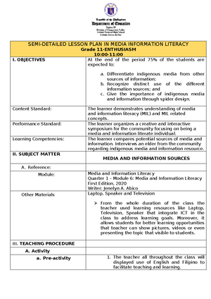 DLL MIL Week 1 - Daily Lesson Log - SENIOR HIGH SCHOOL DAILY LESSON ...