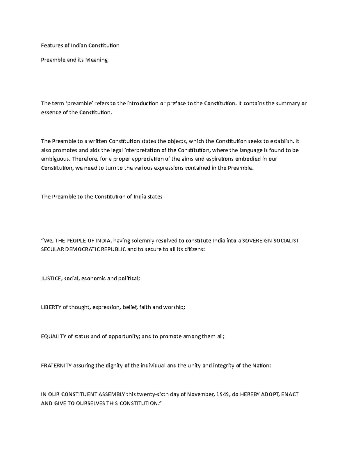Preamble of Constitution - Features of Indian ConstitutionPreamble and ...