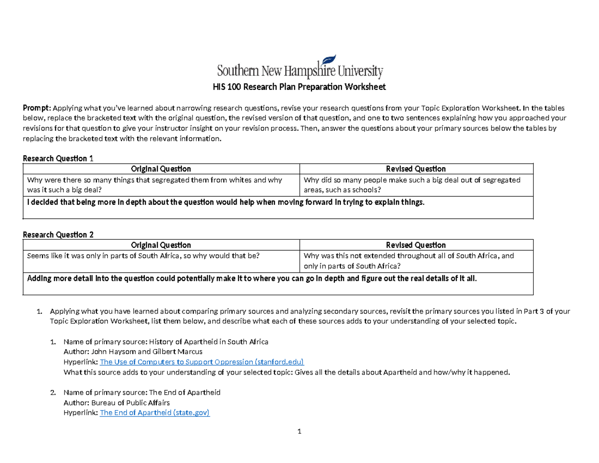 HIS 100 Research Plan Preparation Worksheet - HIS 100 Research Plan ...