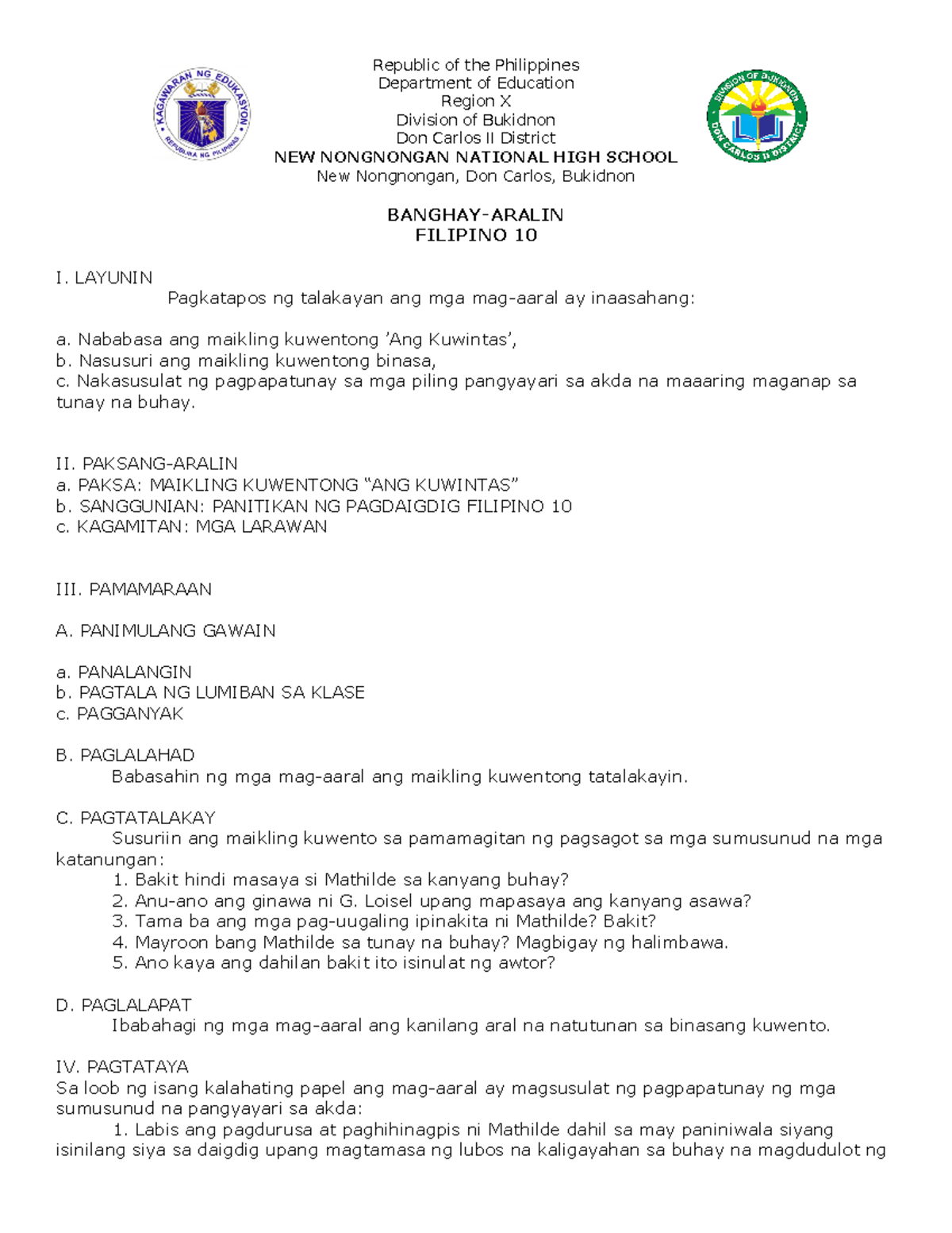 Lesson PLAN FOR Filipino - Republic of the Philippines Department of ...