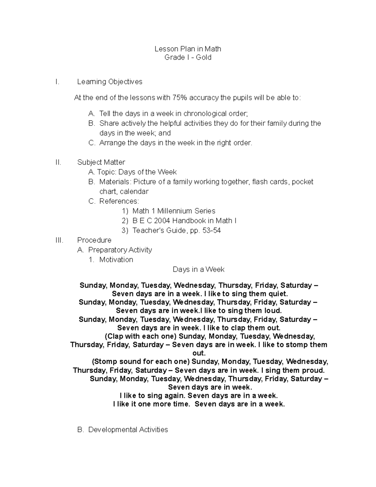 Lesson Plan In Math Lesson Plan In Math Grade I Gold I Learning