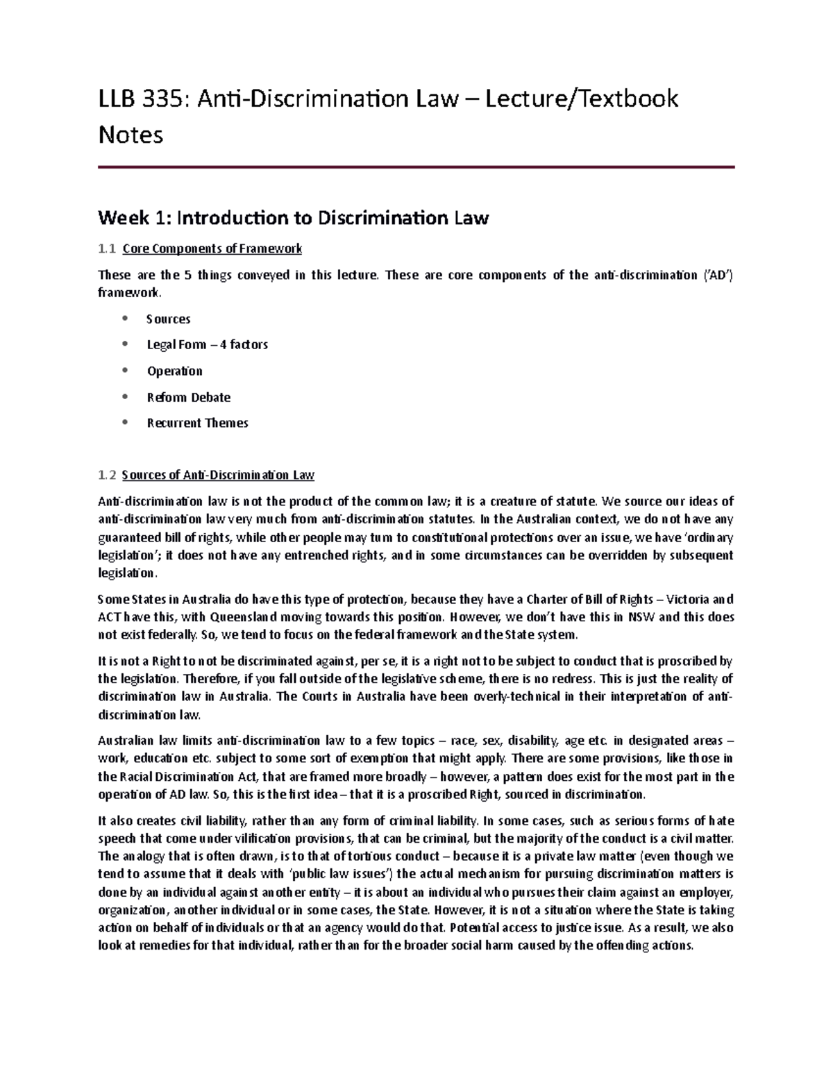 Llb 335 Notes Llb 335 Anti Discrimination Law Lecture Textbook Notes Week 1 Introduction