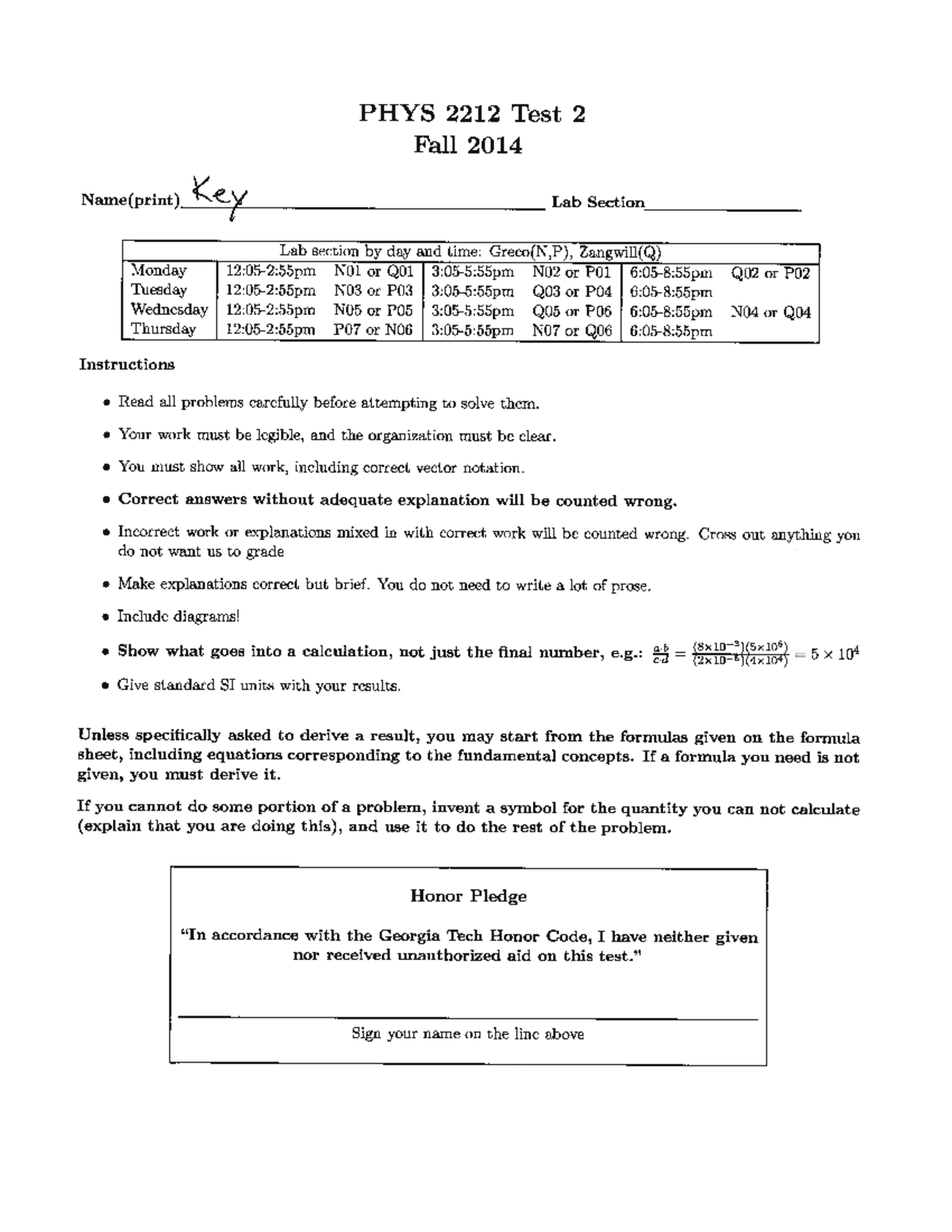 2212 Test2 Key-3 - test 2 practice test - PHYS 2212 Test 2 Fall 2014 ...