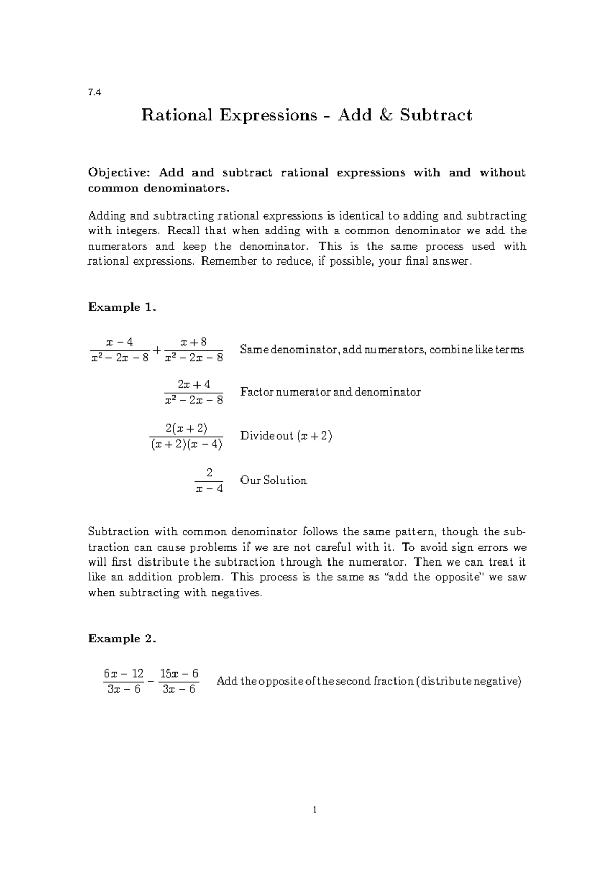 7 - Module - 7. Rational Expressions - Add & Subtract Objective: Add and subtract rational - Studocu
