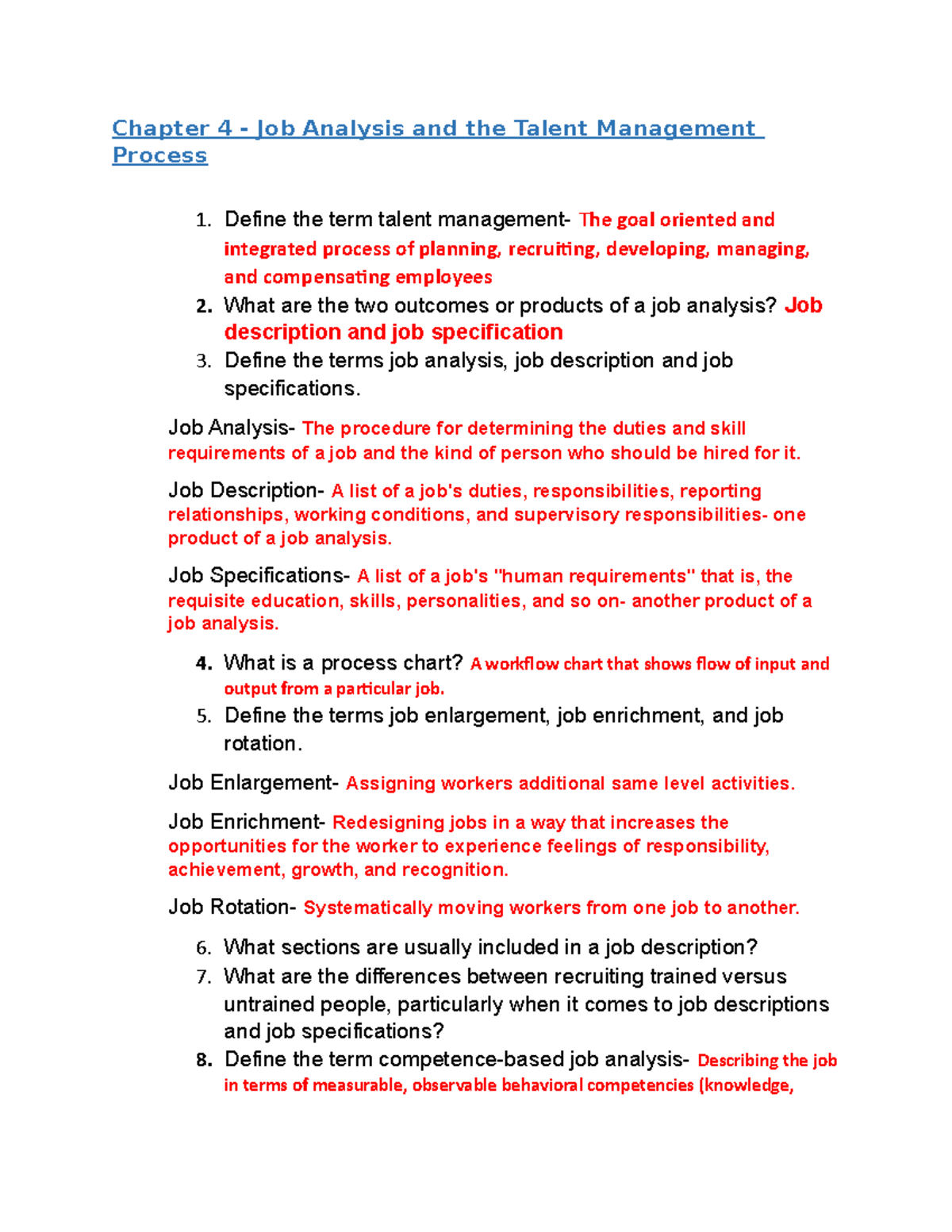 Human Resources Study Guide for Exam 2 - Chapter 4 - Job Analysis and ...