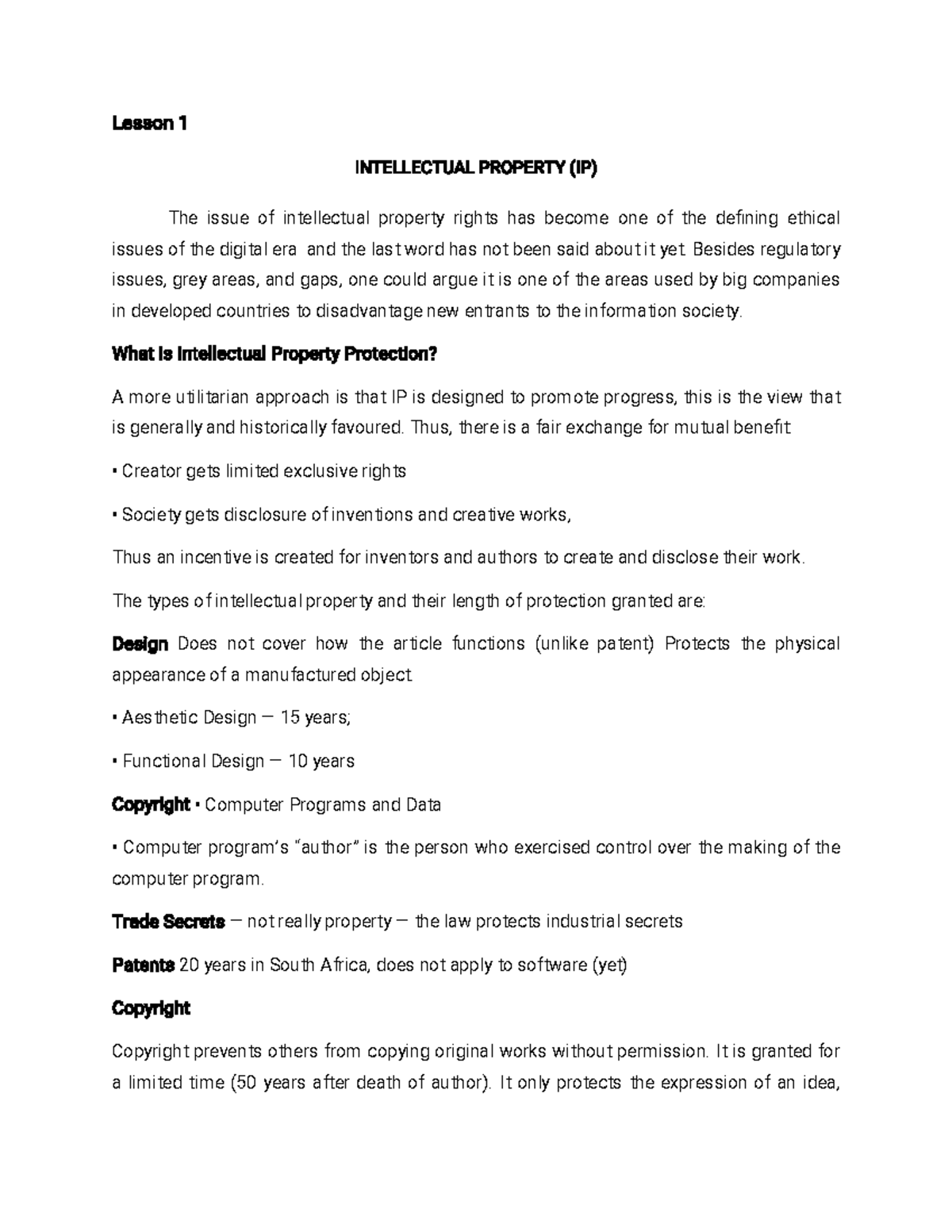 Intellectual Property (IP) - Lesson 1 INTELLECTUAL PROPERTY (IP) The ...