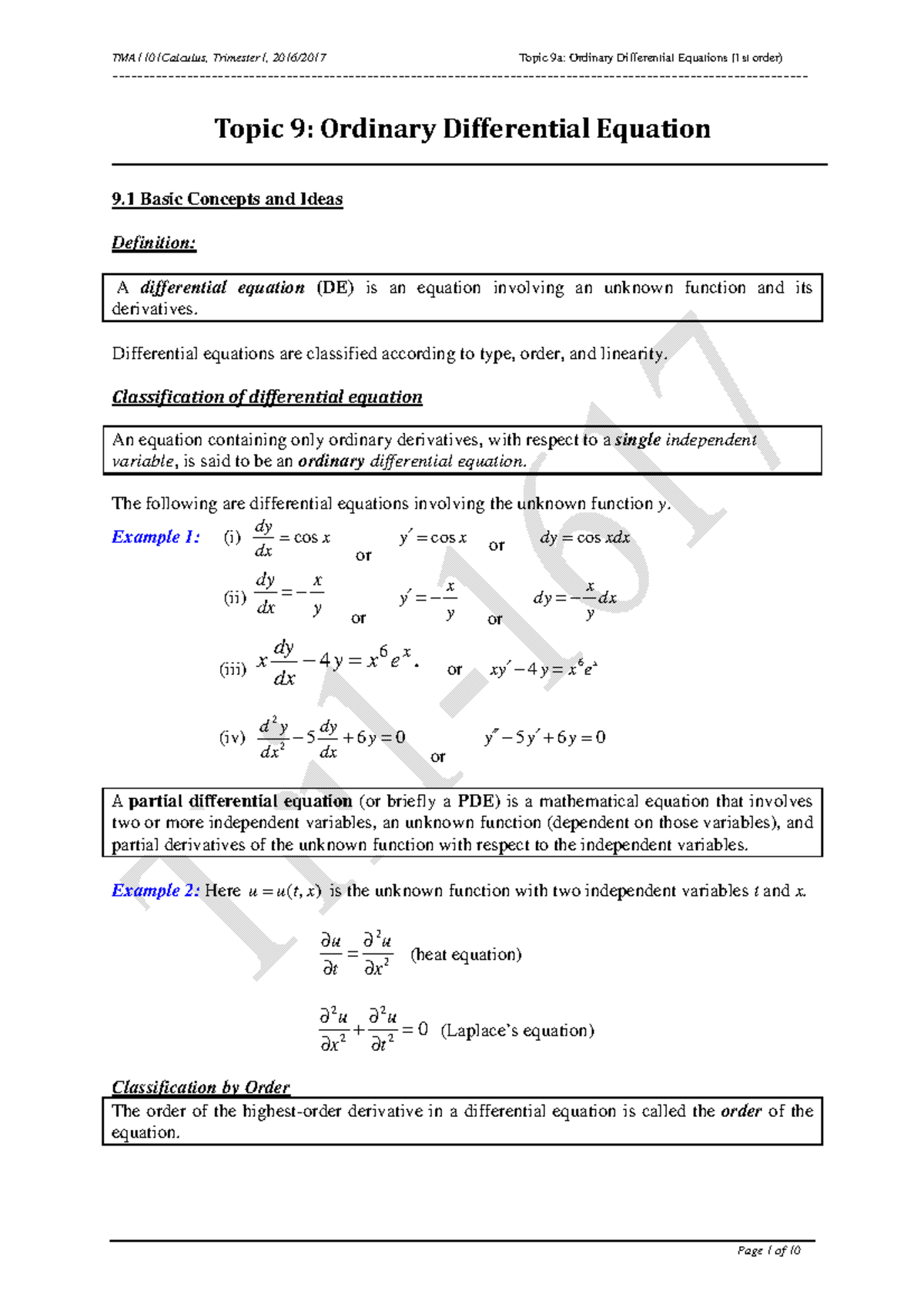 356338 TMA1101 Topic 09a ODE-1st Order - ####### Topic 9: Ordinary Differential Equation 9 Basic ...