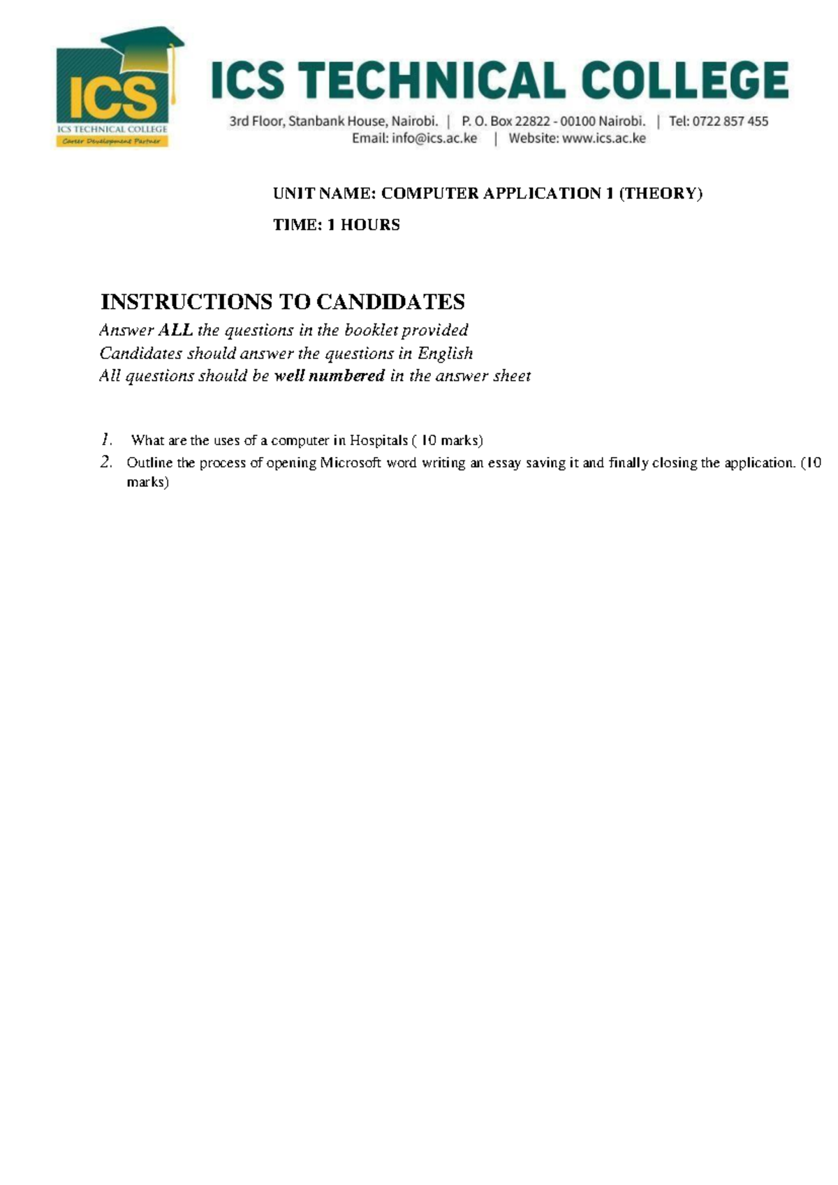 Computer application 1 - diploma in information comunication technology ...