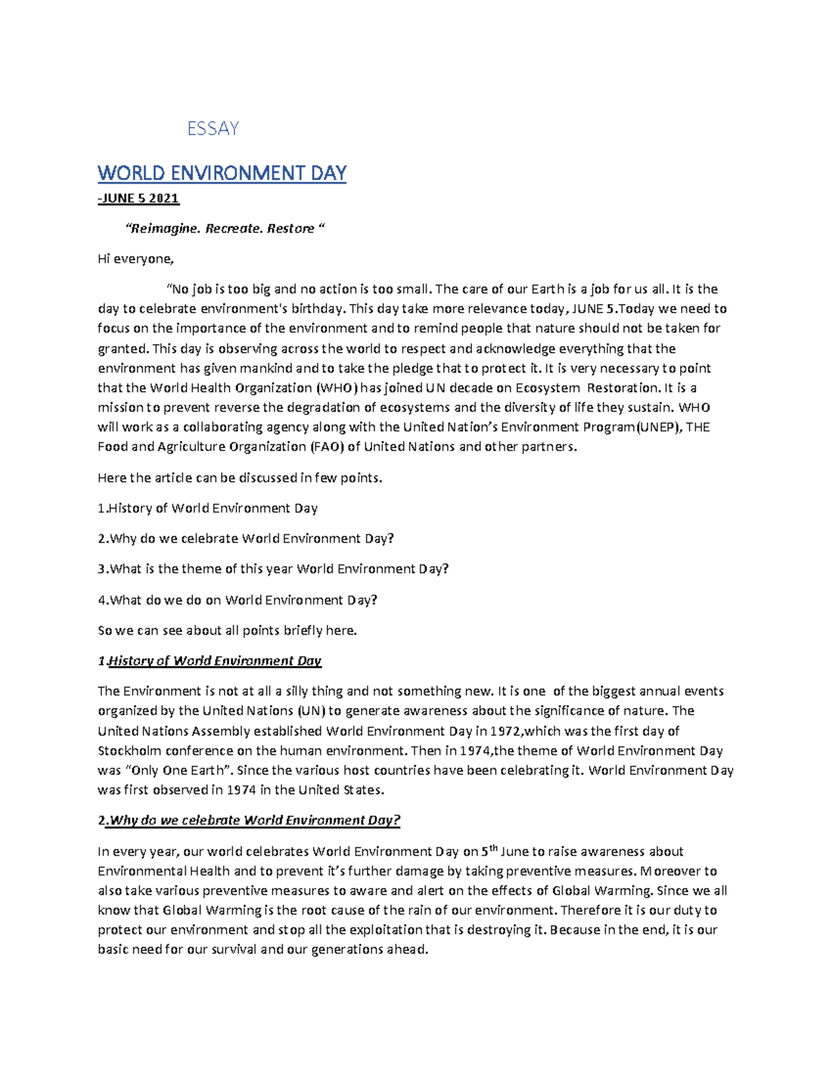 World environment essay - ESSAY WORLD ENVIRONMENT DAY -JUNE 5 2021 ...