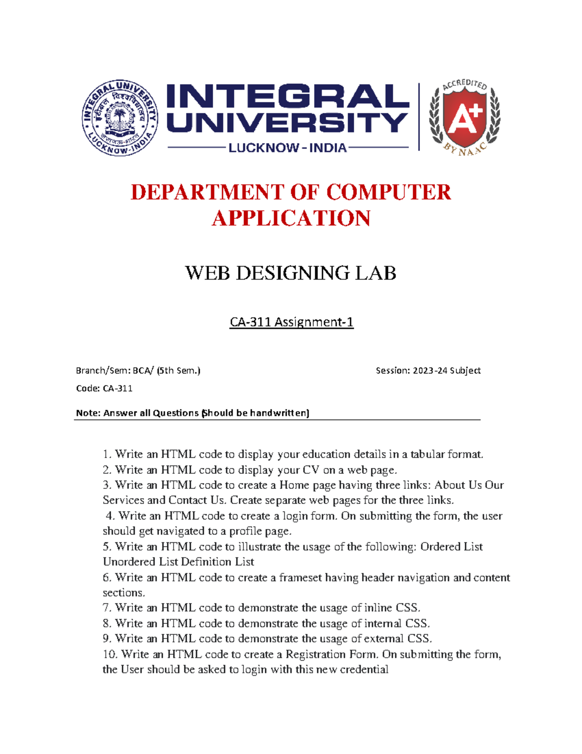 Assignment-1 CA311 2023-24 - DEPARTMENT OF COMPUTER APPLICATION WEB ...