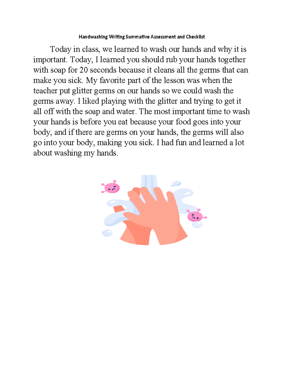 Handwashing Writing Summative Assessment and Checklist - Today, I ...