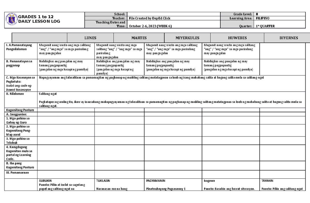 detailed lesson plan - GRADES 1 to 12 DAILY LESSON LOG School: Grade ...