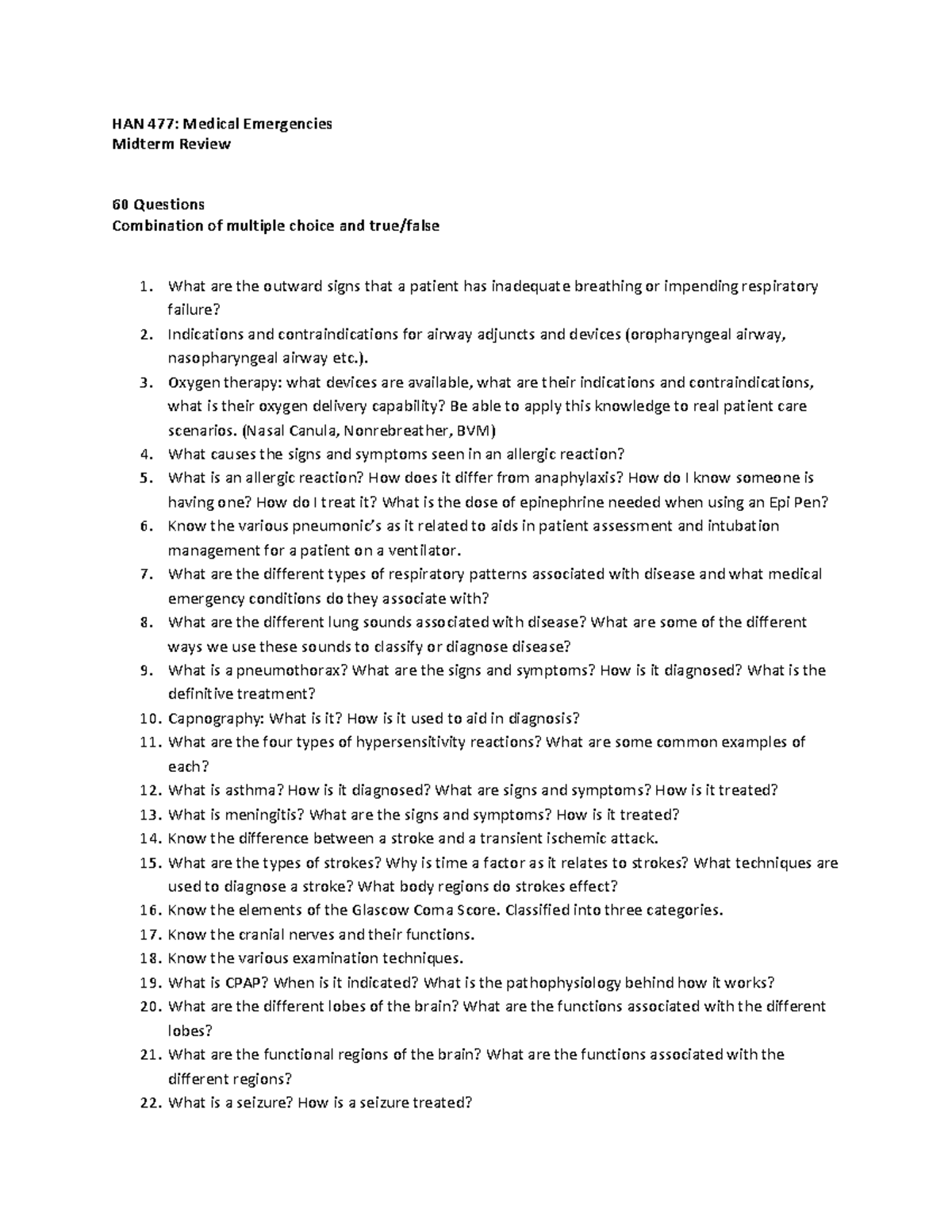 HAN 477- Midterm Exam Review Sheet - HAN 477: Medical Emergencies ...