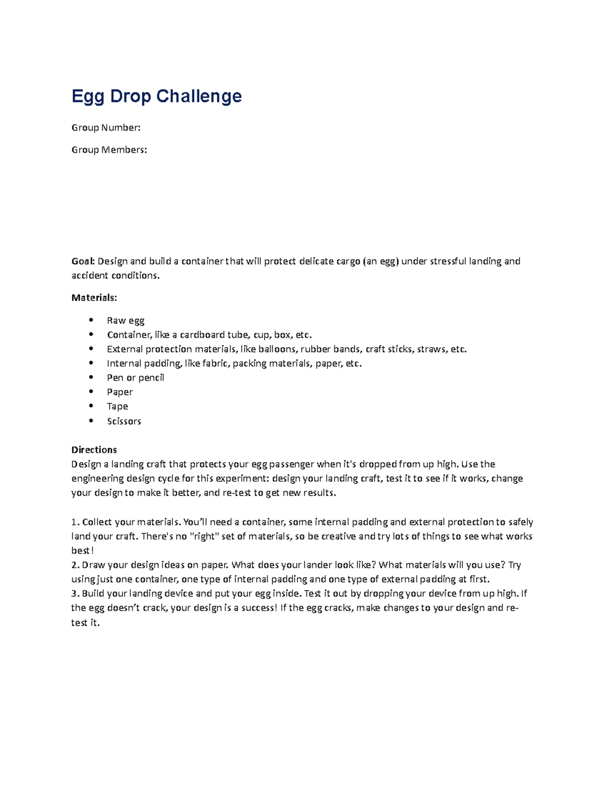Egg Drop Challenge work sheet - Egg Drop Challenge Group Number: Group ...