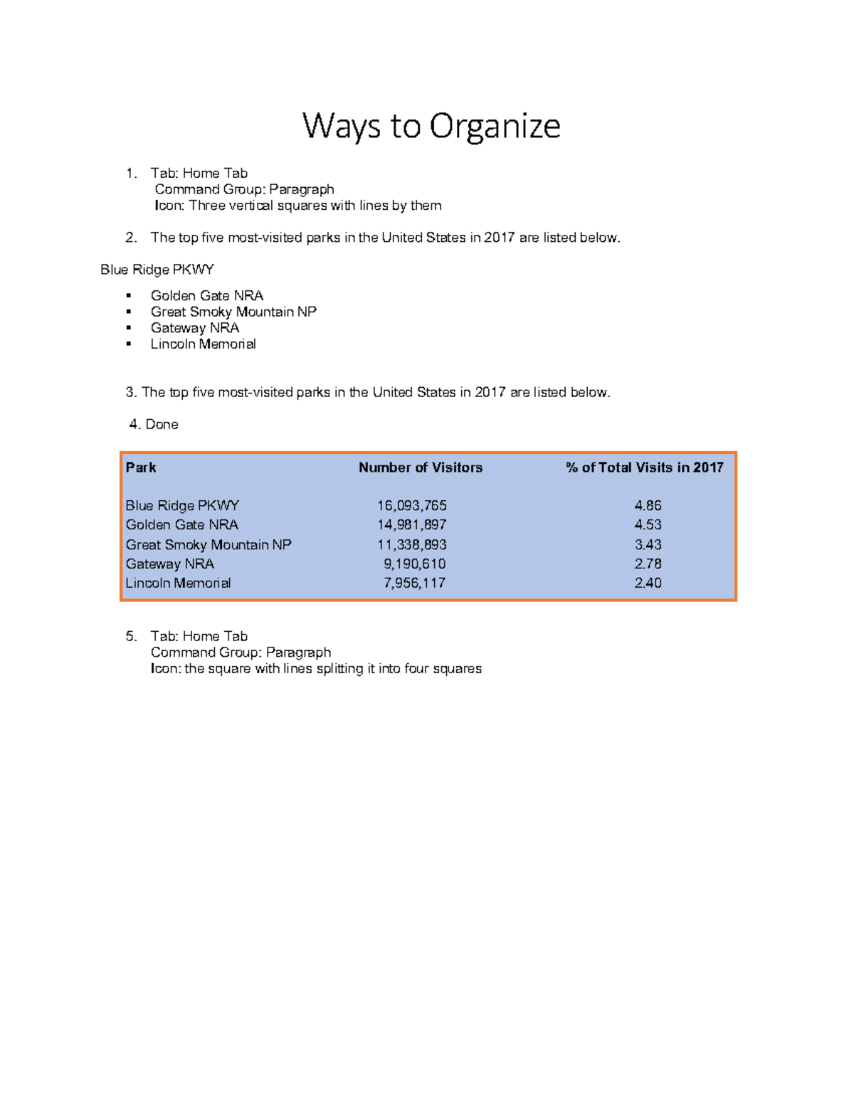 Ways to Organize- work sheet - Ways to Organize Tab: Home Tab Command ...