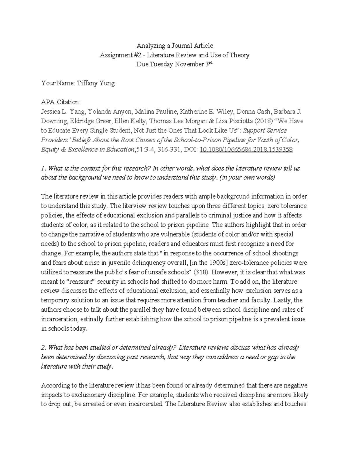 NOV 3RD *EDUC 118 Assignment 2 - Analyzing a Journal Article Assignment ...