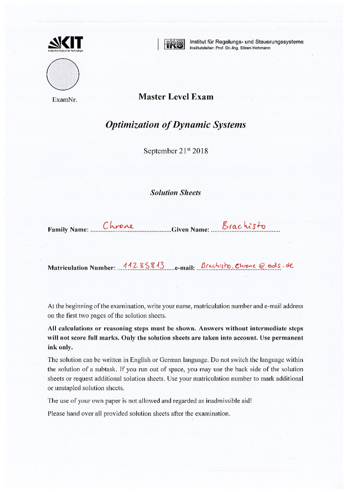 ODS Exam Summer Term 2018 - Solution - Optimization of Dynamic Systems - Studocu