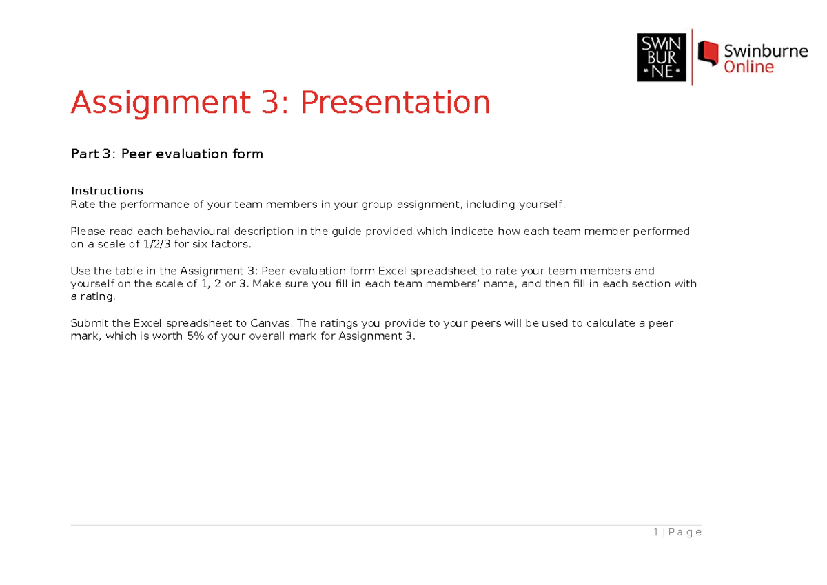 HRM10003 Assignment 3 Peer evaluation guide - Assignment 3: Presentation Part 3: Peer evaluation ...