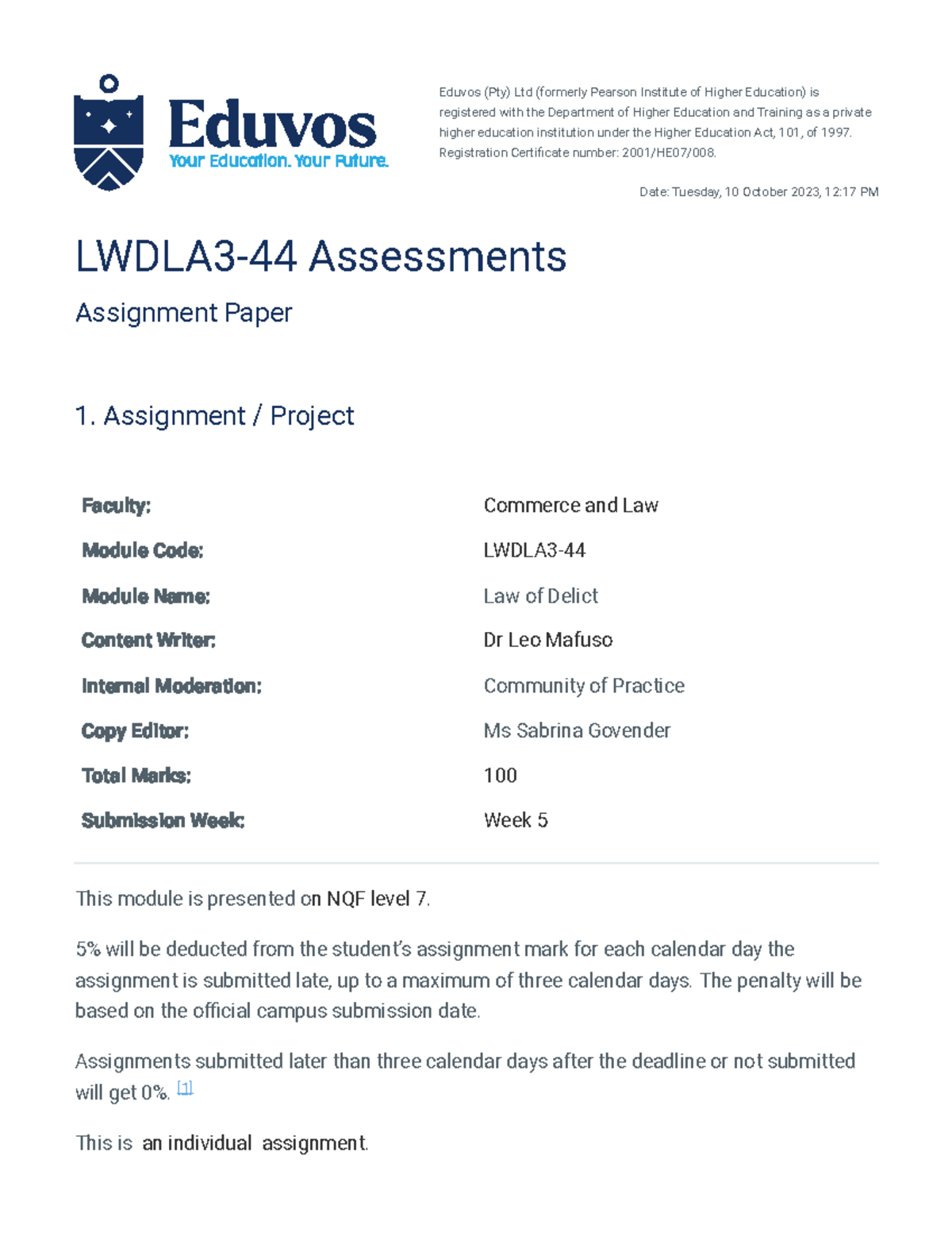 Assignment Paper - Eduvos (Pty) Ltd (formerly Pearson Institute of ...