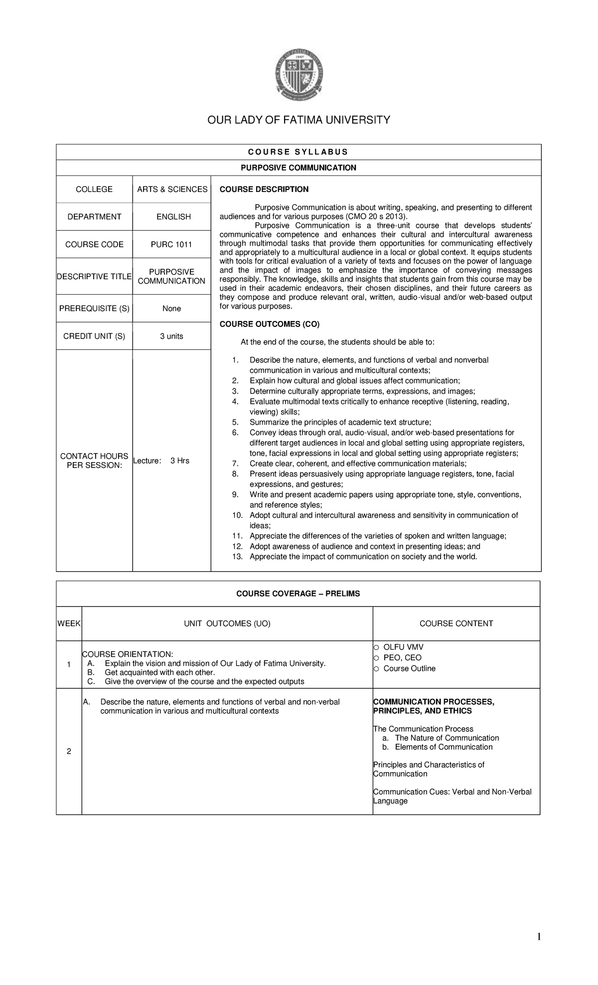Purposive Communication Syllabus (1) - 1 OUR LADY OF FATIMA UNIVERSITY ...