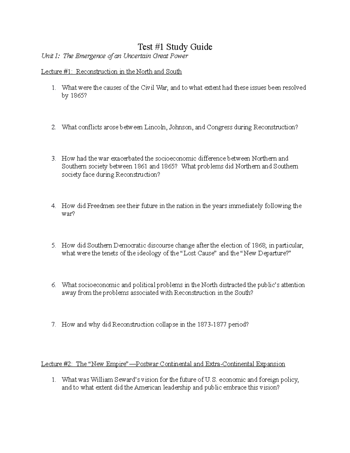Unit 1 Study Guide - Test #1 Study Guide Unit I: The Emergence of an ...