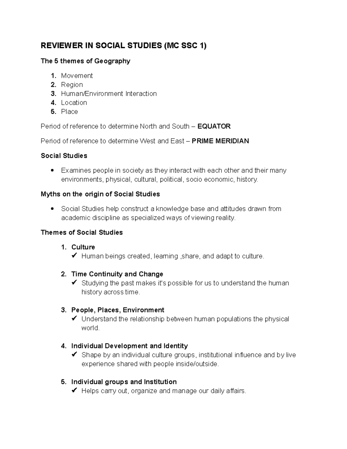 Reviewer Socstud - REVIEWER IN SOCIAL STUDIES (MC SSC 1) The 5 themes ...