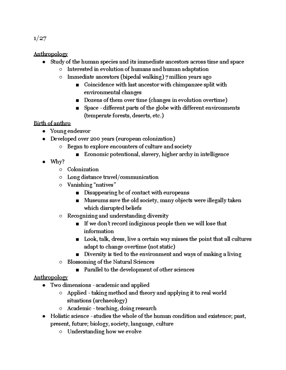 ANTH Class Notes - 1/ Anthropology Study of the human species and its ...